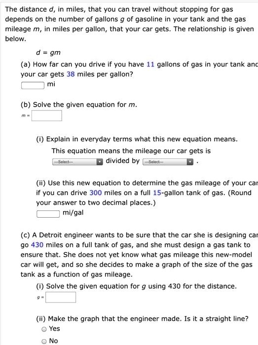 the distance d in miles that you can travel without stopping for ga5 ...