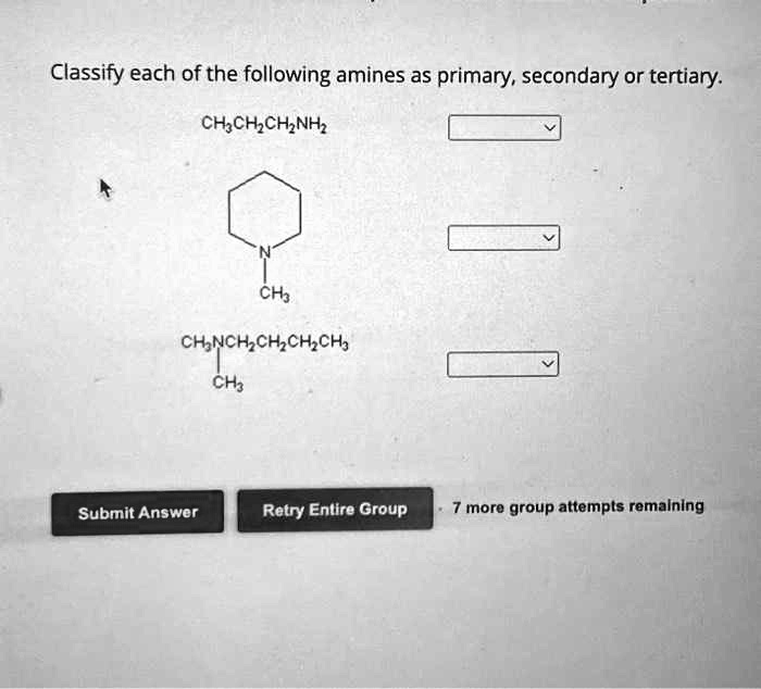 SOLVED: Texts: Classify each of the following amines as primary, secondary, or tertiary. 1 ...