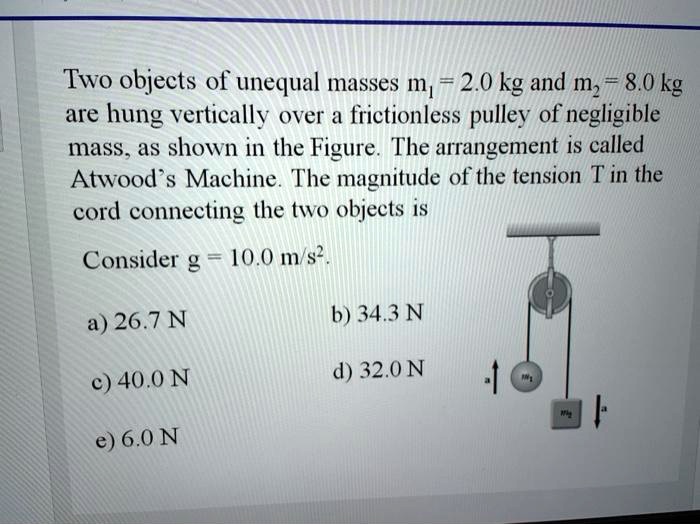 SOLVED: Two objects of unequal masses m 2.0 kg and mz 8.0 kg are hung ... SOLVED: Two objects of unequal masses m 2.0 kg and mz 8.0 kg are hung ...