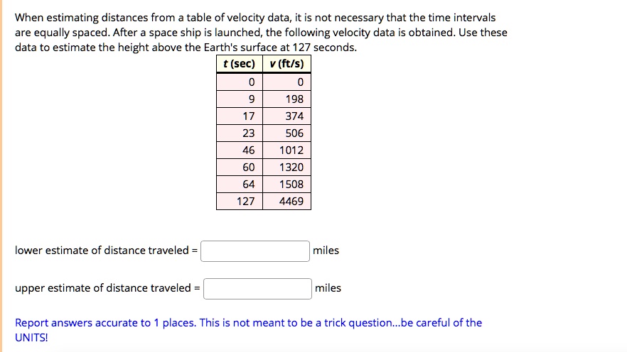 SOLVED: When estimating distances from table of velocity data, it is ...