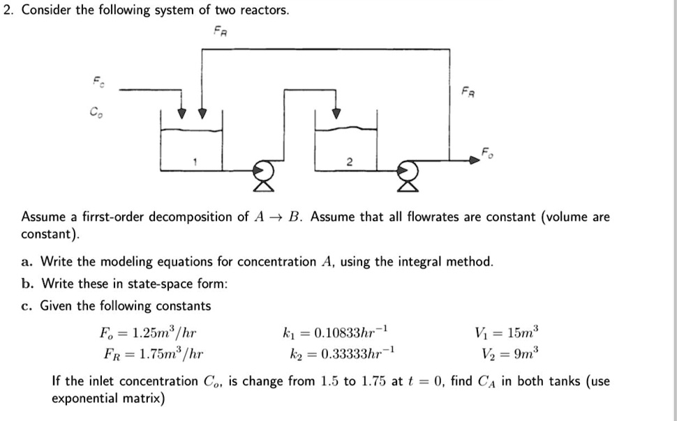 2. Consider the following system of two reactors. Fo Co FR 2 FR Fo Assume a firrst-order ...