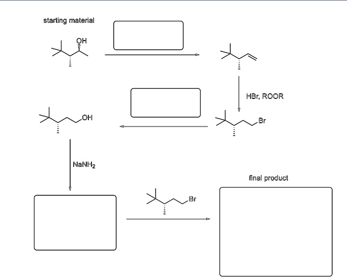 (1) Give the starting material IUPAC name. (2) Fill in the missing ...