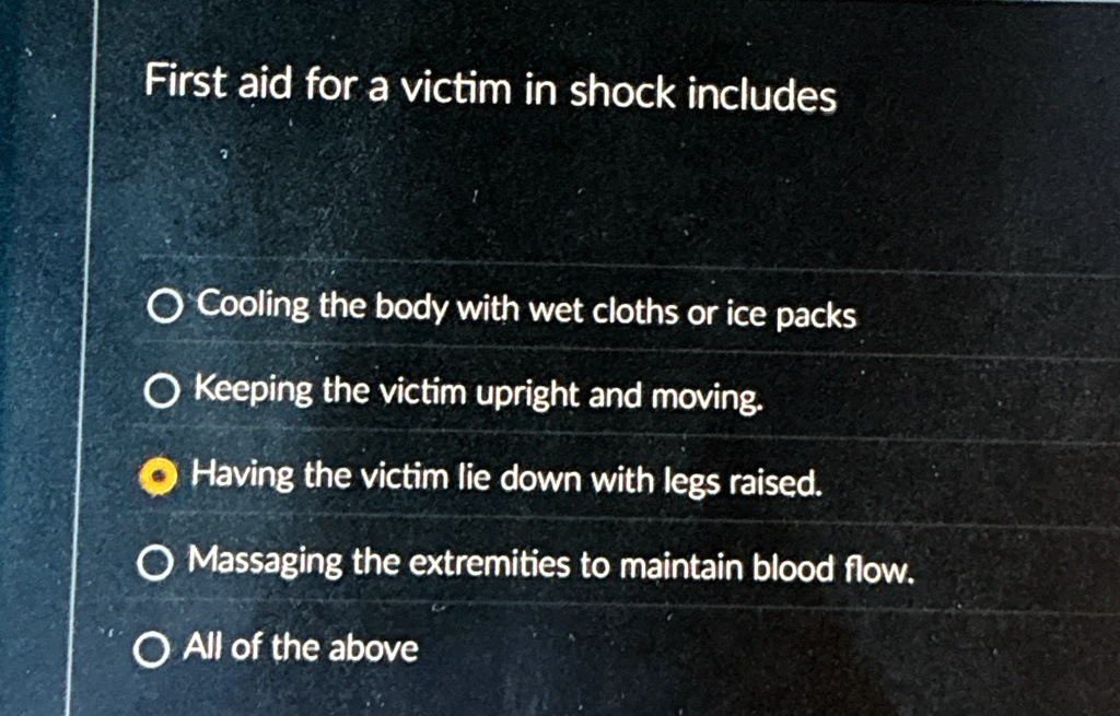 first aid for a victim in shock includes cooling the body with wet ...