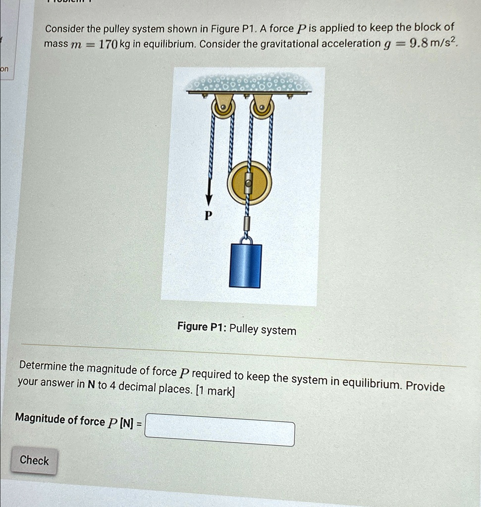 Consider the pulley system shown in Figure P1. A force P is...