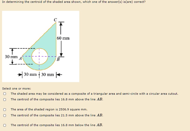 SOLVED: In determining the centroid of the shaded area shown, which one of the answers is ...