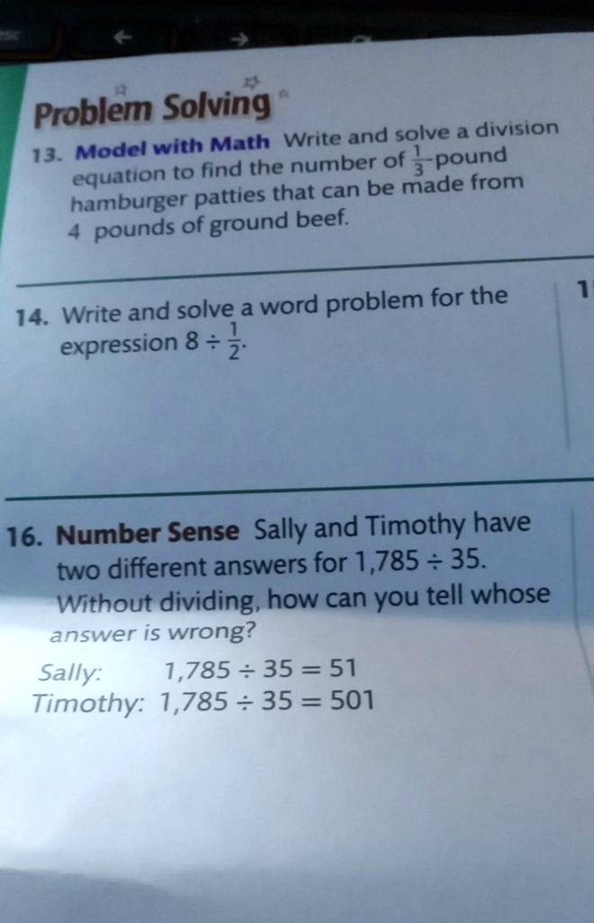 SOLVED:Problem Solving Math Write and solve a division 13. Model with ...