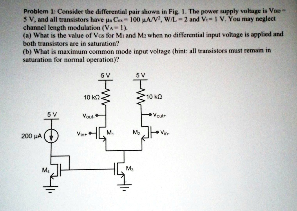 SOLVED: Problem 1:Consider the differential pair shown in Fig.1.The power supply voltage is Von ...