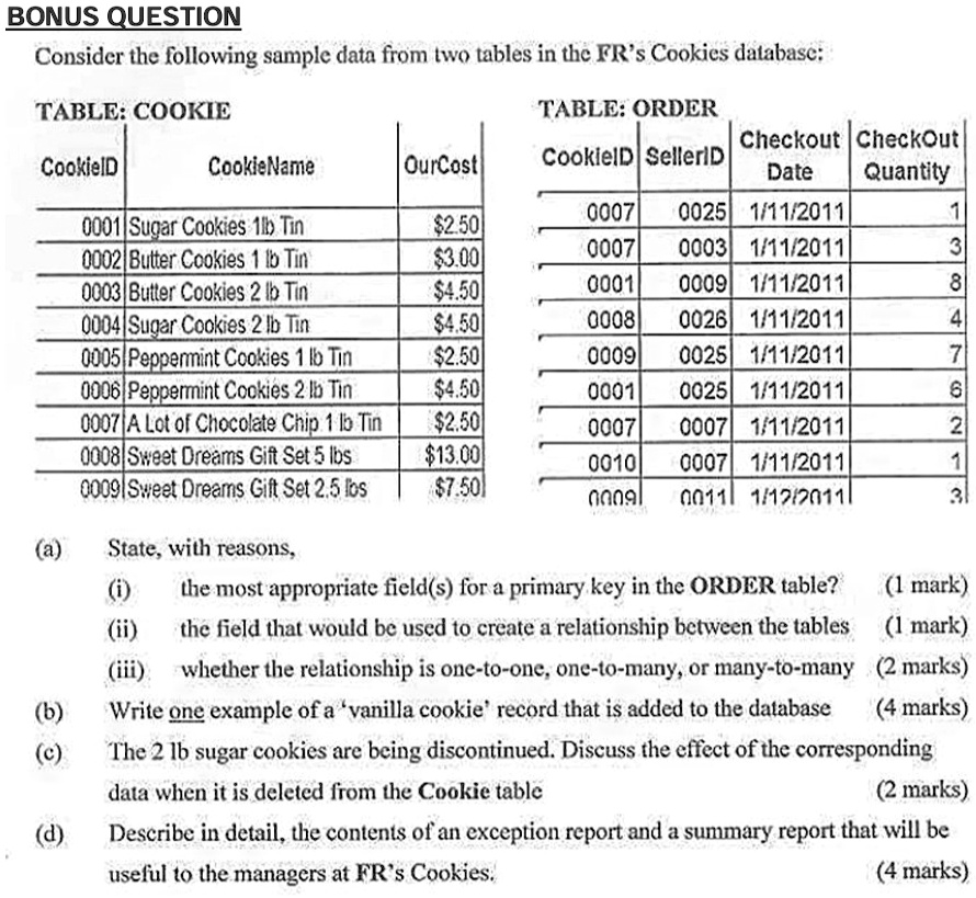 bonus question consider the following sample data from two tables in the frs cookies database ...
