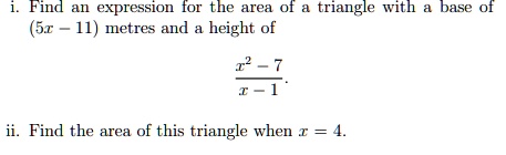 SOLVED: Find expression for the area of triangle with metres and height ...