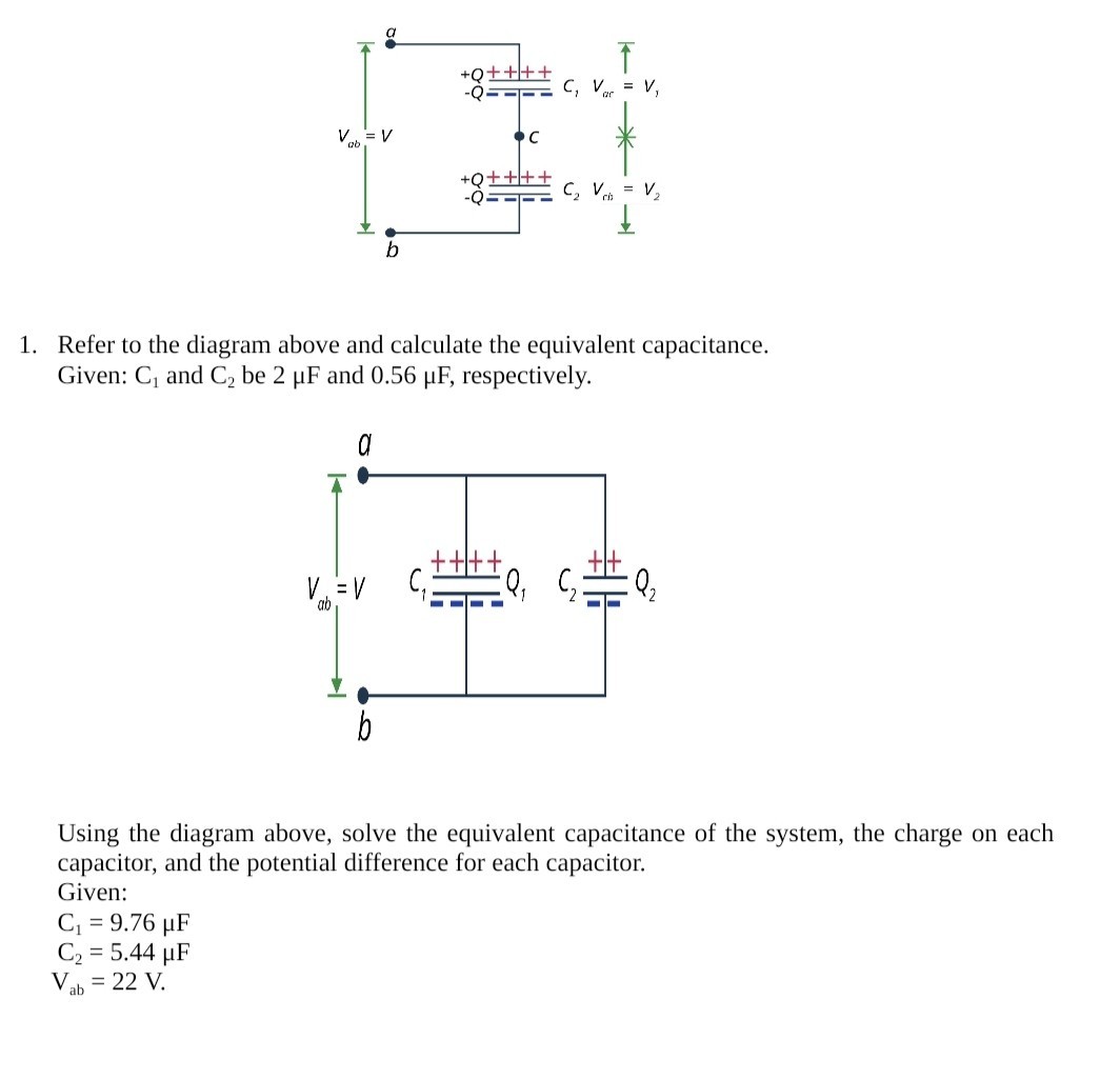 1. Refer to the diagram above and calculate the equivalent capacitance. Given: C1 and C2 be 2 μF ...