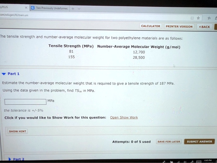 SOLVED: CALCULATOR PRINTER VERSION BACK The tensile strength and number ...