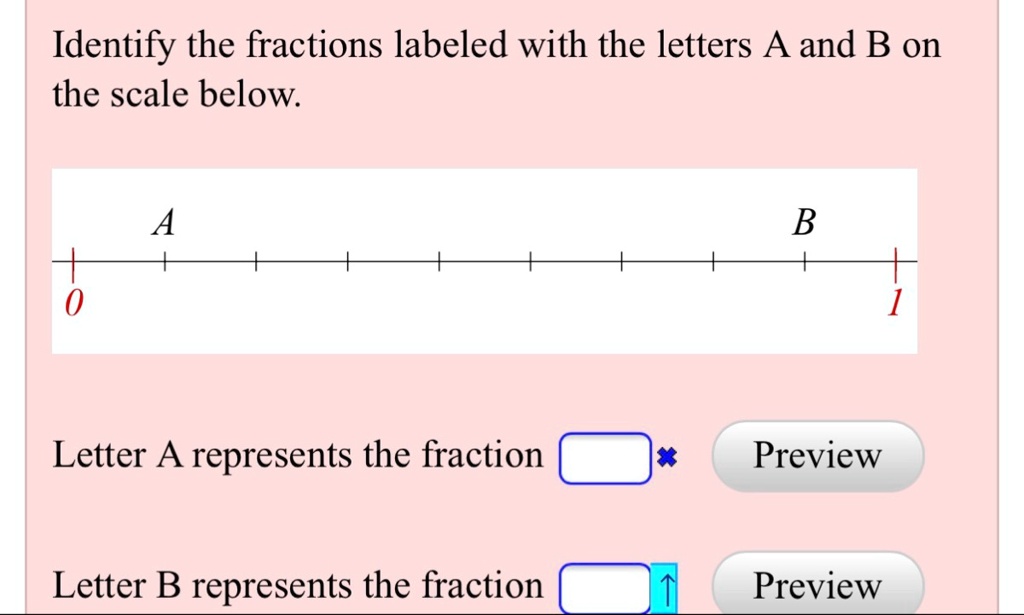Identify the fractions labeled with the letters A and B on the scale ...