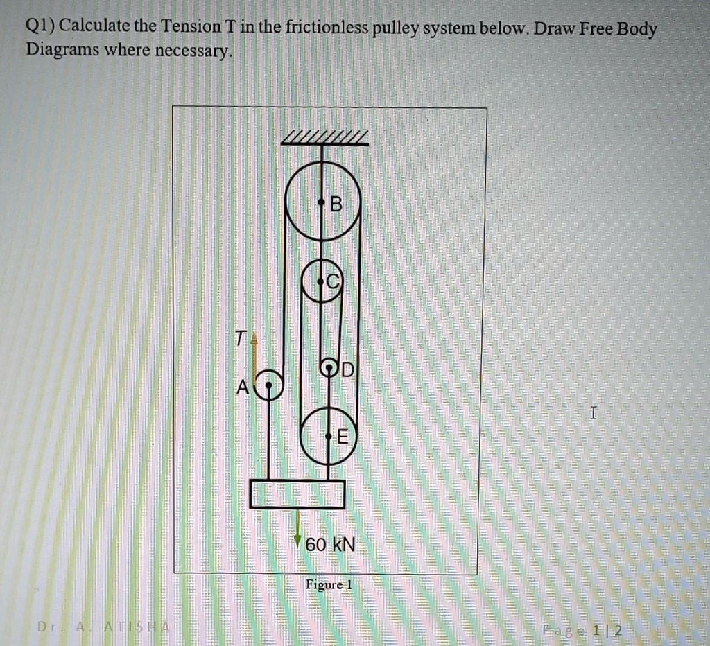 SOLVED: Q1) Calculate the Tension T in the frictionless pulley system below. Draw Free Body ...