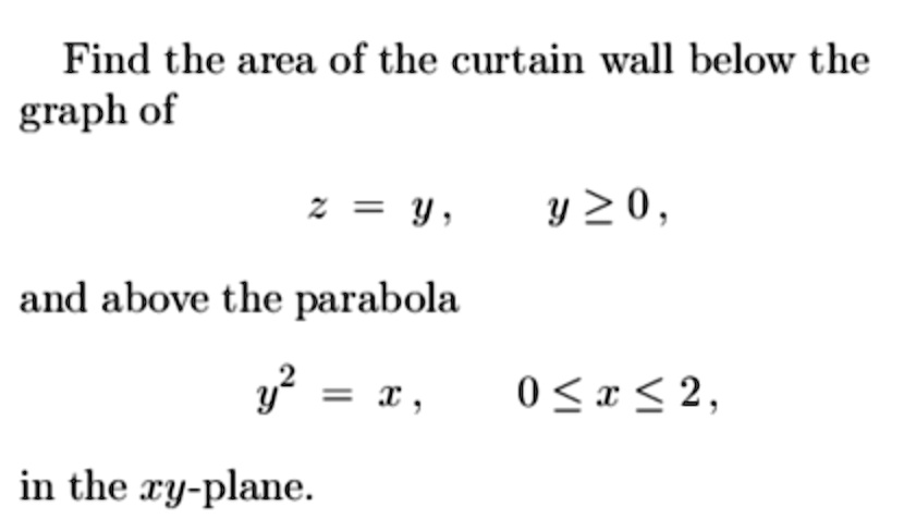 SOLVED: Find the area of the curtain wall below the graph of z=y, y0 ...