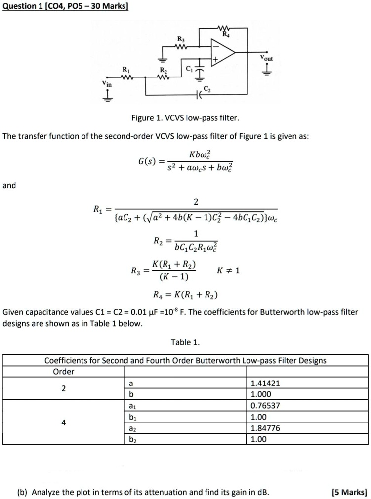 SOLVED: Question 1 [C04POS 30 Marks] Figure 1. VCVS low-pass filter. The transfer function of ...