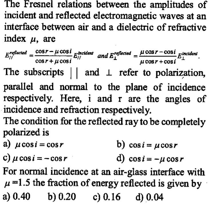 The Fresnel relations between the amplitudes of incident and reflected ...