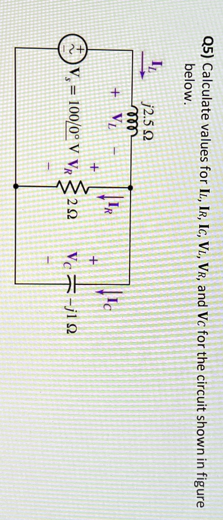 Q5) Calculate values for IL, IR, IC, VL, VR, and VC for the circuit shown in figure below.