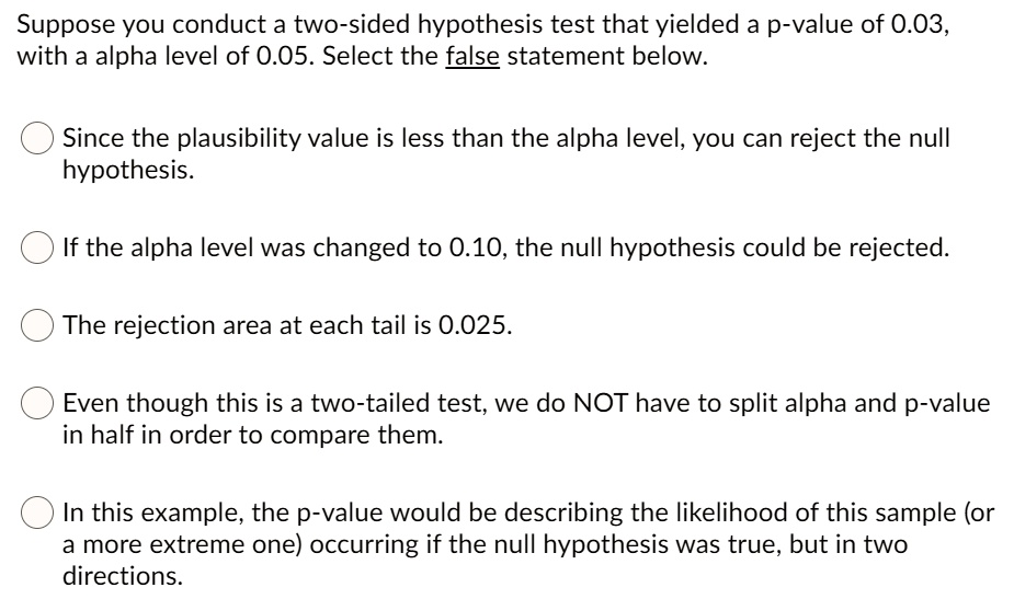 SOLVED: Suppose you conduct a two-sided hypothesis test that yielded a ...