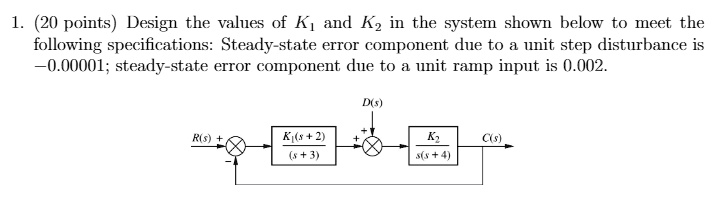 1. (20 points) Design the values of K1 and K2 in the system shown below to meet the following ...