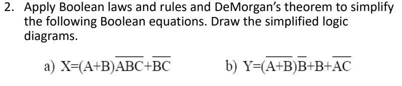 SOLVED: 2. Apply Boolean laws and rules and De Morgan's theorem to simplify the following ...