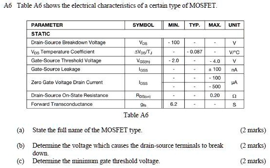 A6 Table A6 shows the electrical characteristics of a certain type of ...