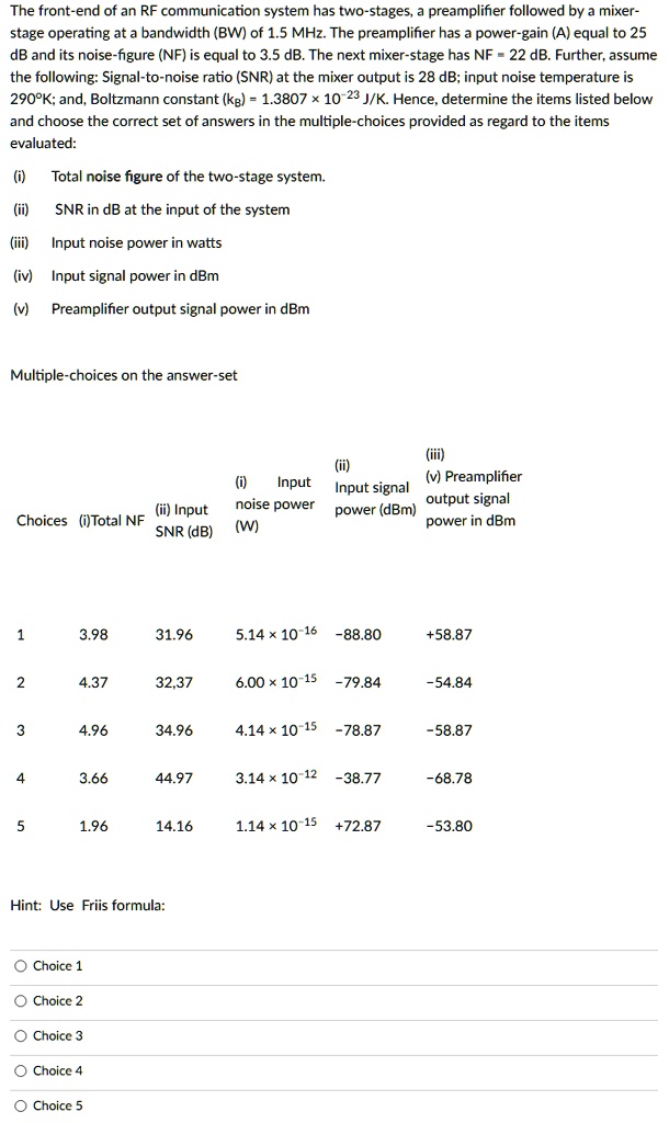 SOLVED: The front-end of an RF communication system has two stages, a preamplifier followed by a ...