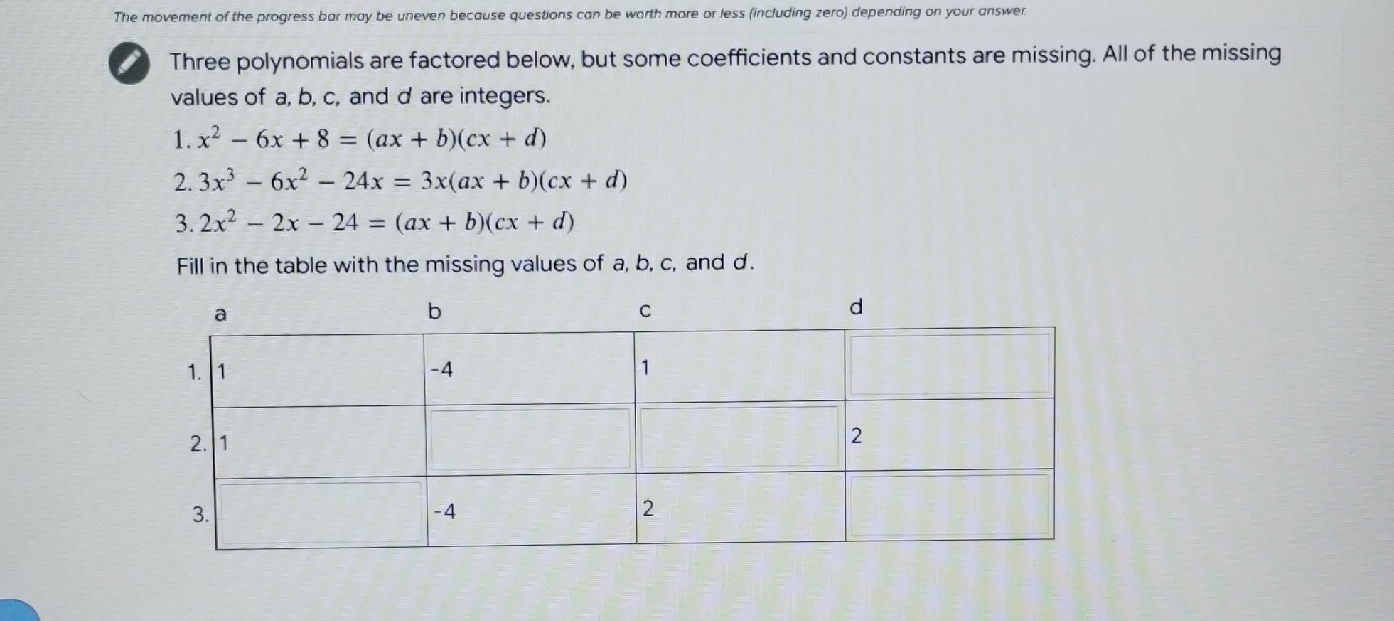 The movement of the progress bar moy be uneven because questions can be worth more or less ...