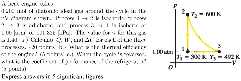 SOLVED: A heat engine takes 0.200 mol of diatomic ideal gas around the ...