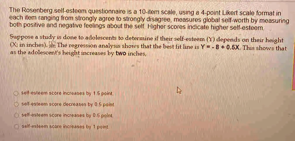 The Rosenberg self-esteem questionnaire is a 10-item scale, using a 4 ...