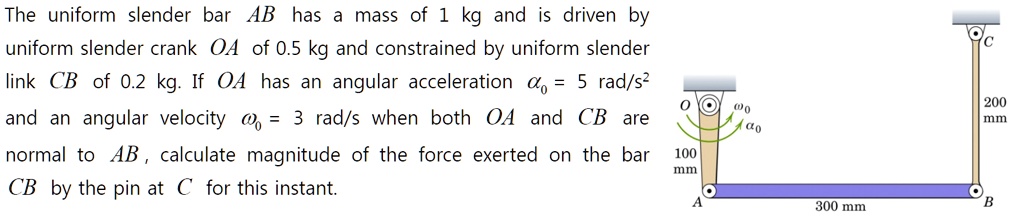 The uniform slender bar AB has a mass of 1 kg and is driven by uniform slender crank OA of 0.5 ...