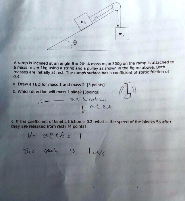 SOLVED: Ramp is inclined at an angle Î¸ = 20Â°. Mass m1 = 300g on the ...