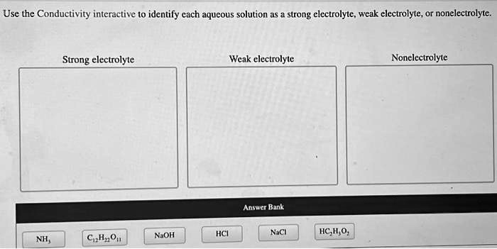 Use the Conductivity interactive to identify each aqueous solution as a strong electrolyte, weak ...