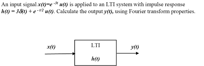 SOLVED: An input signal x(t)=e -3t u(t) is applied to an LTI system with impulse response h(t ...