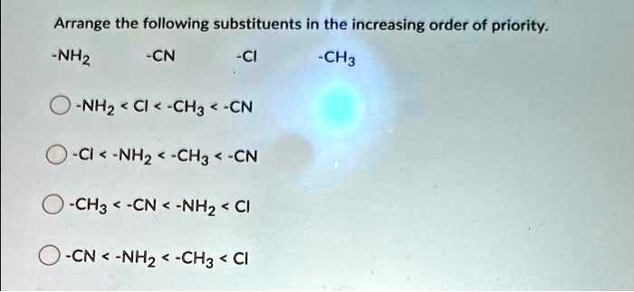 Arrange the following substituents in the increasing order of priority. -NH2 -CN -CI -CH3 -NH2