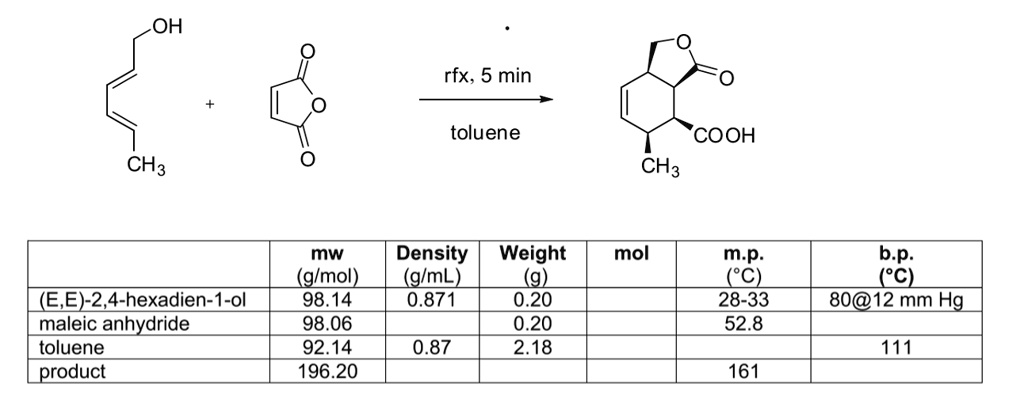 SOLVED: OH rfx; 5 min toluene COOH CH3 CH3 Density Weight (g/mL) 0.871 ...