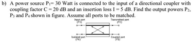 b) A power source P1 = 30 Watt is connected to the input of a directional coupler with coupling ...