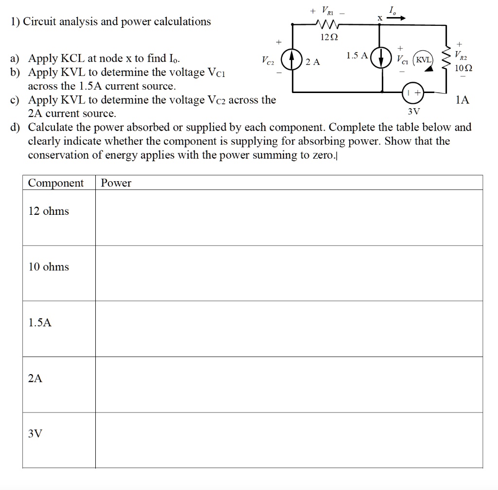1) Circuit analysis and power calculations a) Apply KCL at node x to find Io. b) Apply KVL to ...