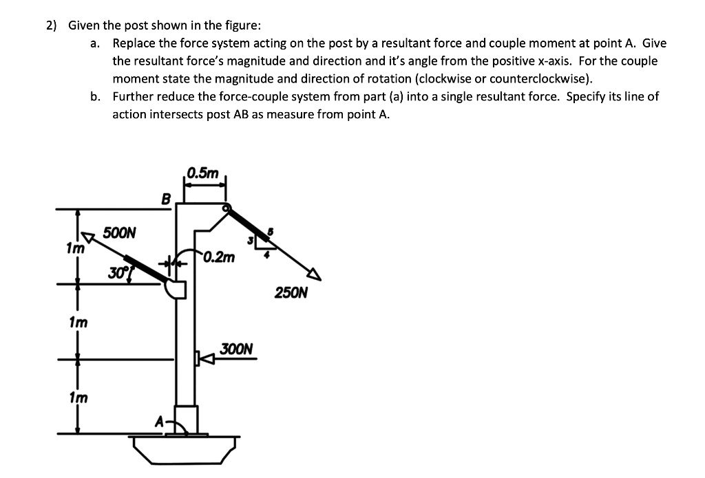 SOLVED: 2) Given the post shown in the figure: a. Replace the force system acting on the post by ...