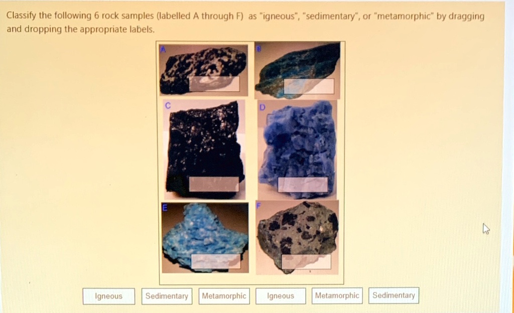 classify the following 6 rock samples labelled a through f a5 igneous ...