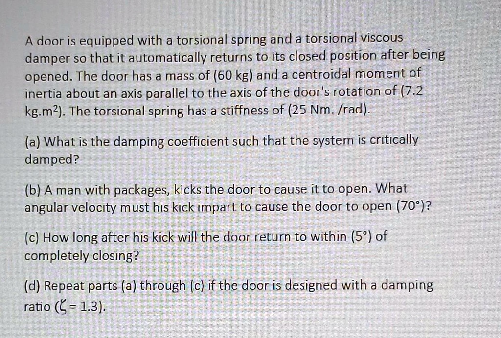 SOLVED: A door is equipped with a torsional spring and a torsional ...