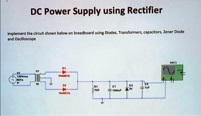 SOLVED: DC Power Supply using Rectifier Implement the circuit shown below on a breadboard using ...
