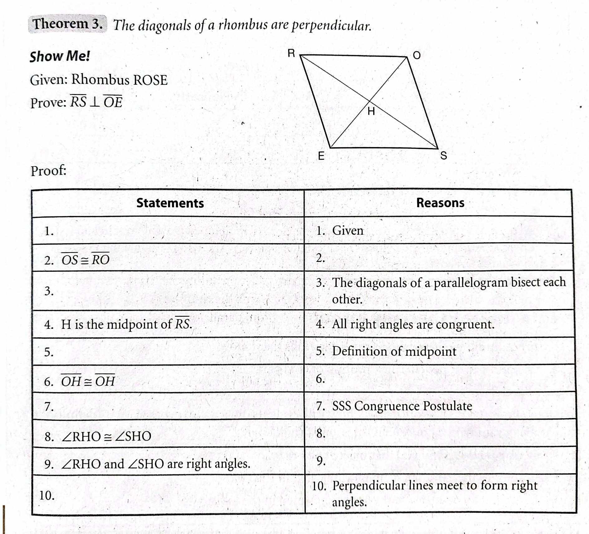 Theorem 3. The diagonals of a rhombus are perpendicular. Show Me! Given ...