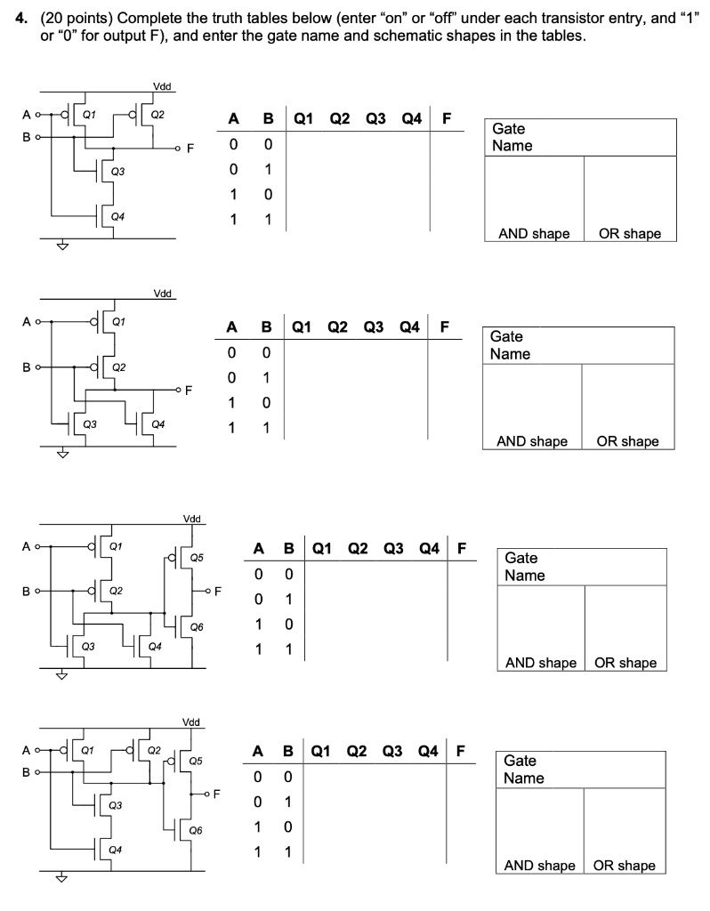 4. (20 points) Complete the truth tables below (enter "on" or "off ...