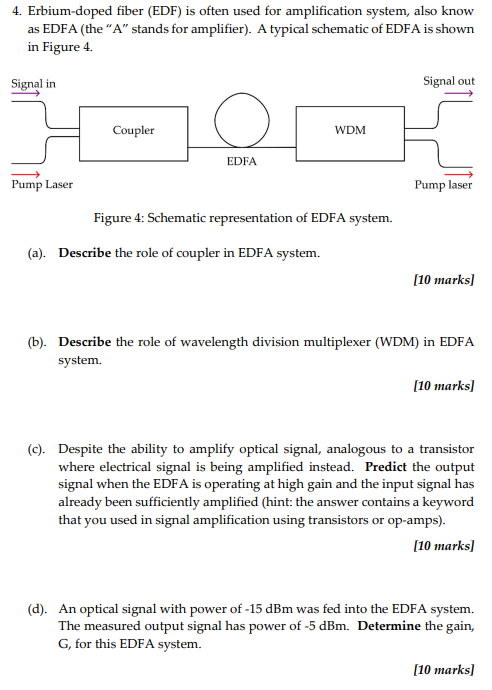 SOLVED: 4. Erbium-doped fiber (EDF) is often used for amplification ...