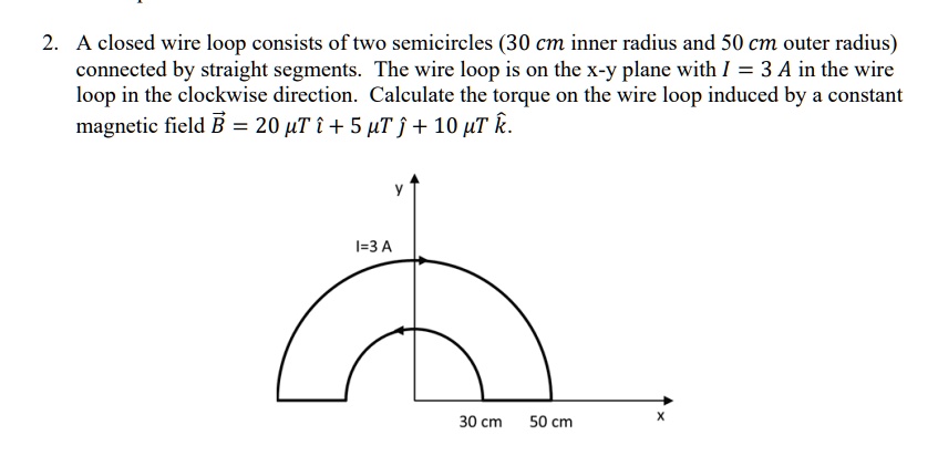 a closed wire loop consists of two semicircles 30 cm inner radius and 50 cm outer radius ...