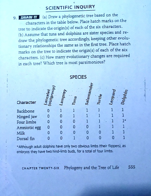 SOLVED: SCIENTIFIC INQUIRY RAwI (a) Draw phylogenetic tree based on the characters in the table ...