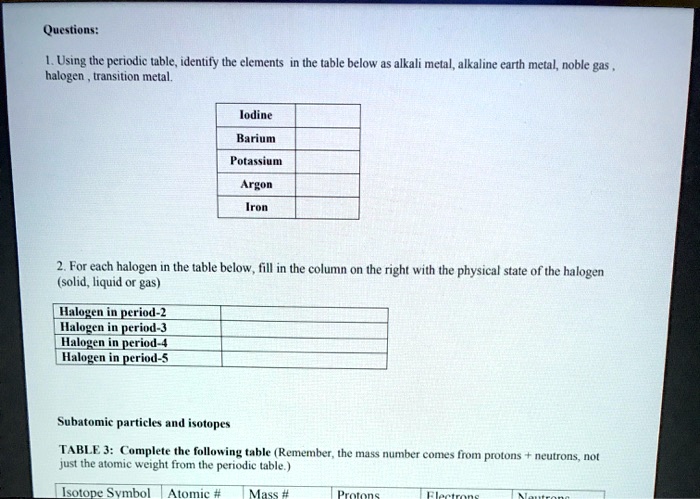 questions using the periodic table identify the elements in the table below as alkali ...