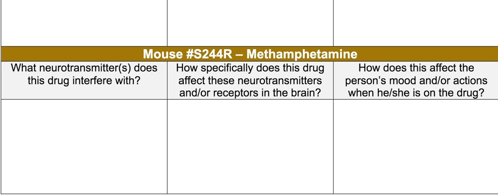 Mouse #S244R - Methamphetamine. What neurotransmitter(s) does this drug ...