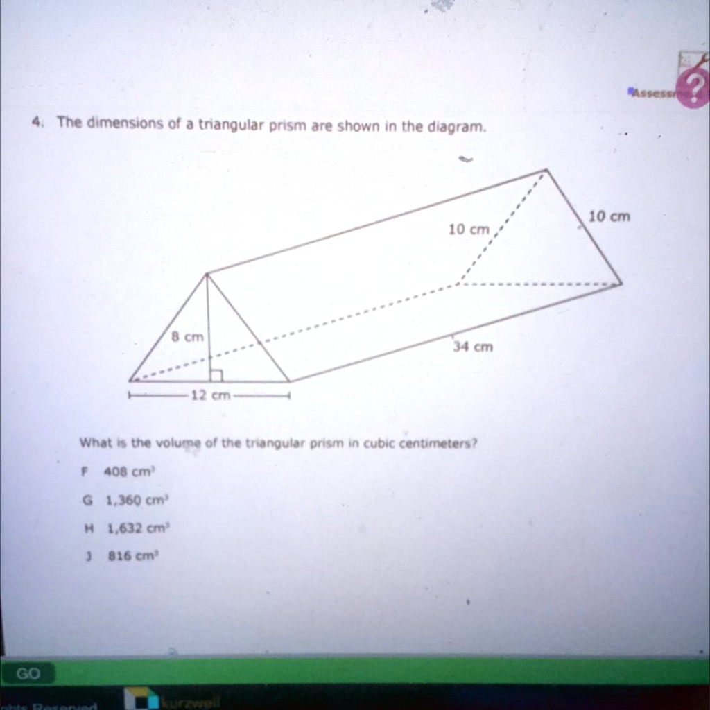 4. The dimensions of a triangular prism are shown in the diagram. 8 cm 12 cm 10 cm 10 cm 34 cm ...