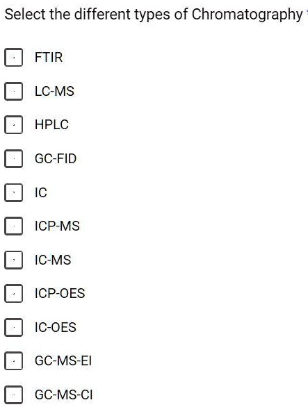 Select the different types of Chromatography FIR LC-MS HPLC GC-FID IC ...